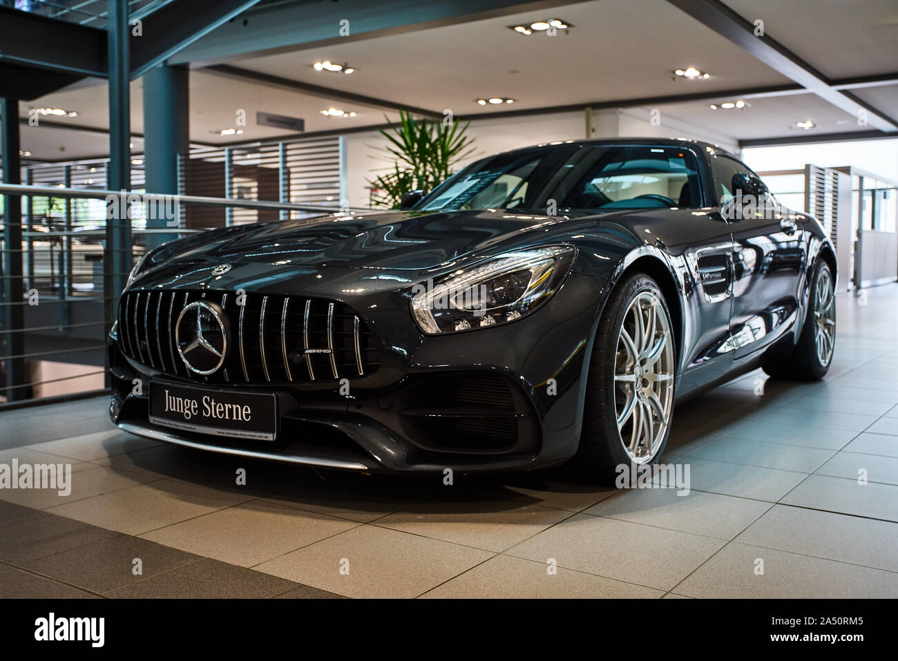 Germany, Dusseldorf July 17, 2019: The new modern Mercedes-Benz AMG GT ...