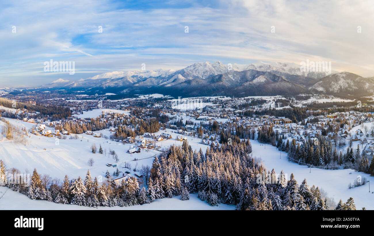 Aerial landscape with tatra mountains and Zakopane, winter scenery of ...