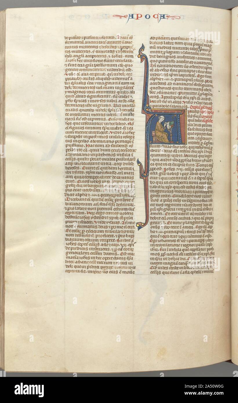 Fol. 482v, Revelations, historiated initial A, John seated at a desk ...