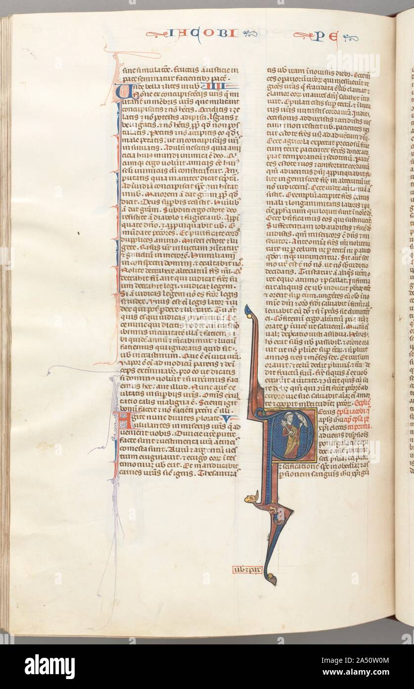 Fol. 477v, Peter, historiated initial P, Peter with a key, talking to ...