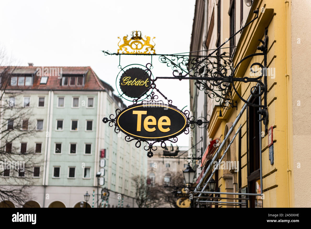 A tea shop sign in a restaurant in downtown of Berlin, Germany Stock ...