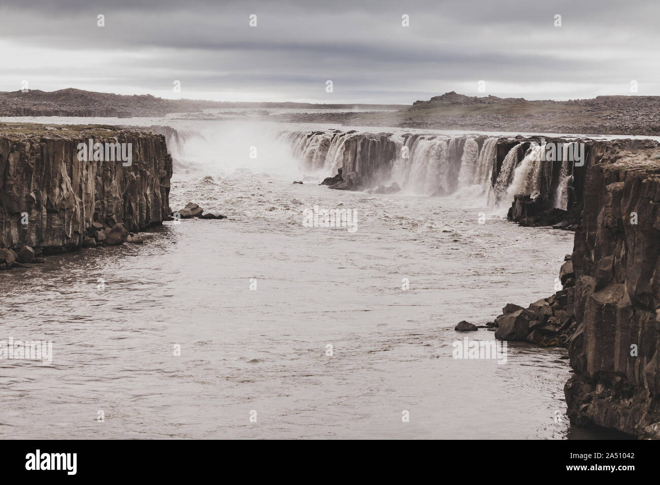 Dramatic view of Selfoss waterfall in cold and gray autumn weather ...