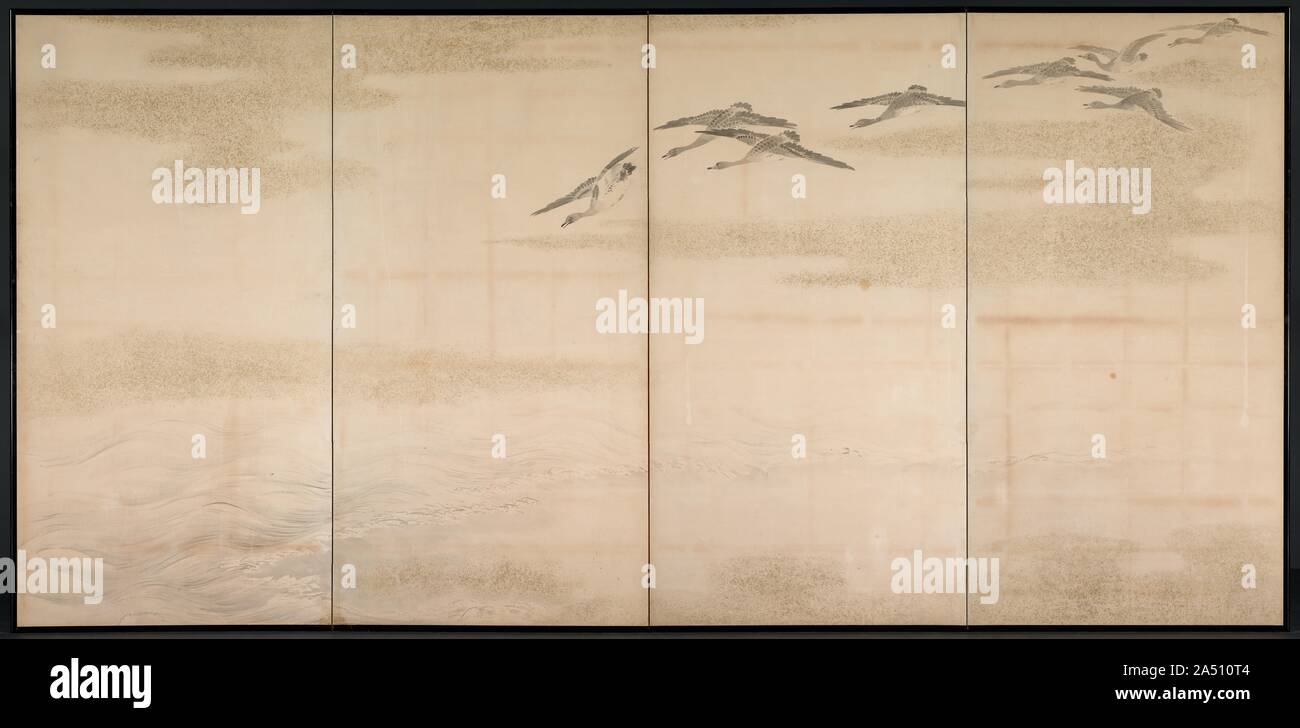 Geese, Reeds and Water, 1800s. This byobu composition differs from most ...