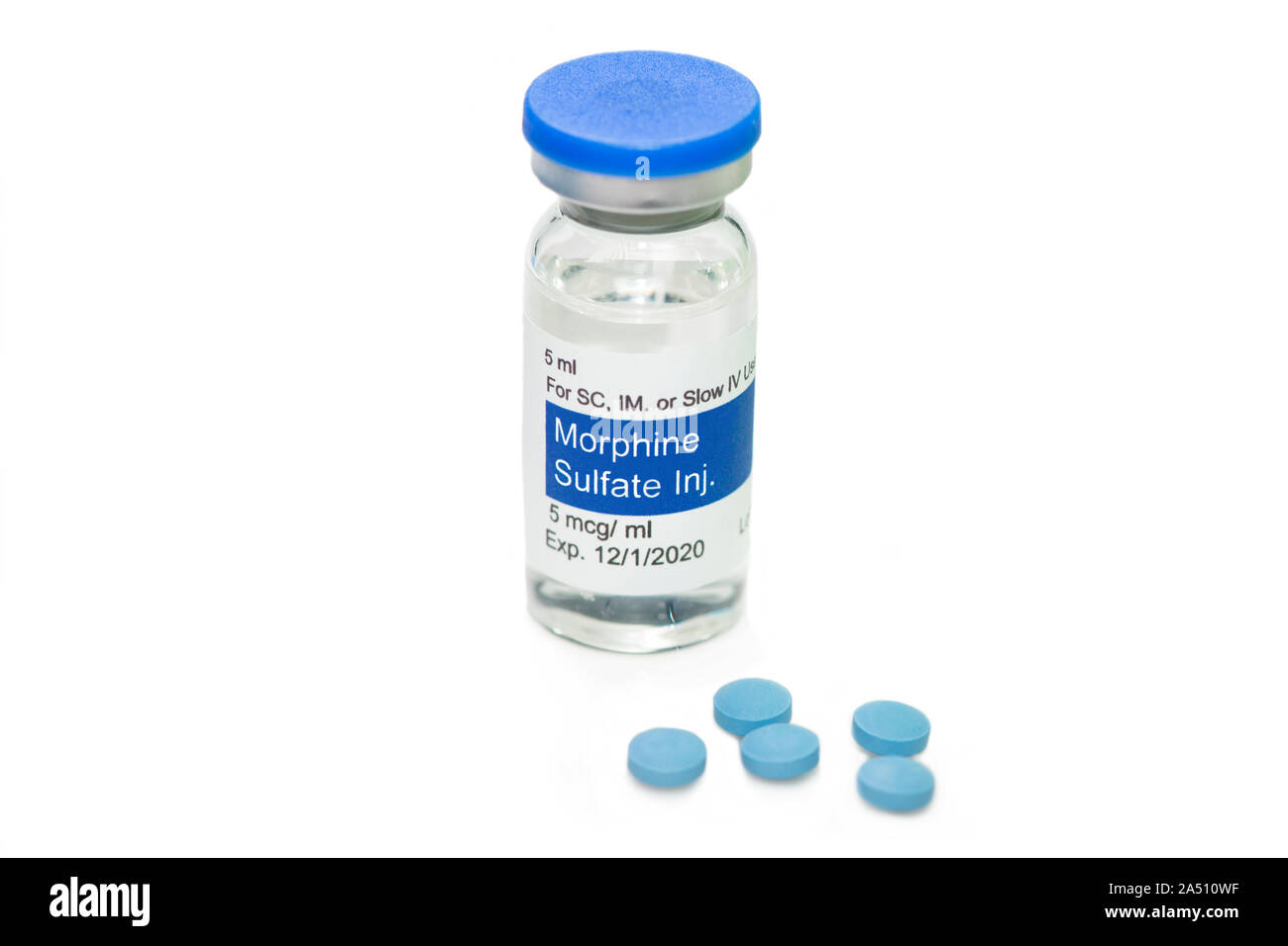 Morphine vial and blue morphine pills on white background Stock Photo ...