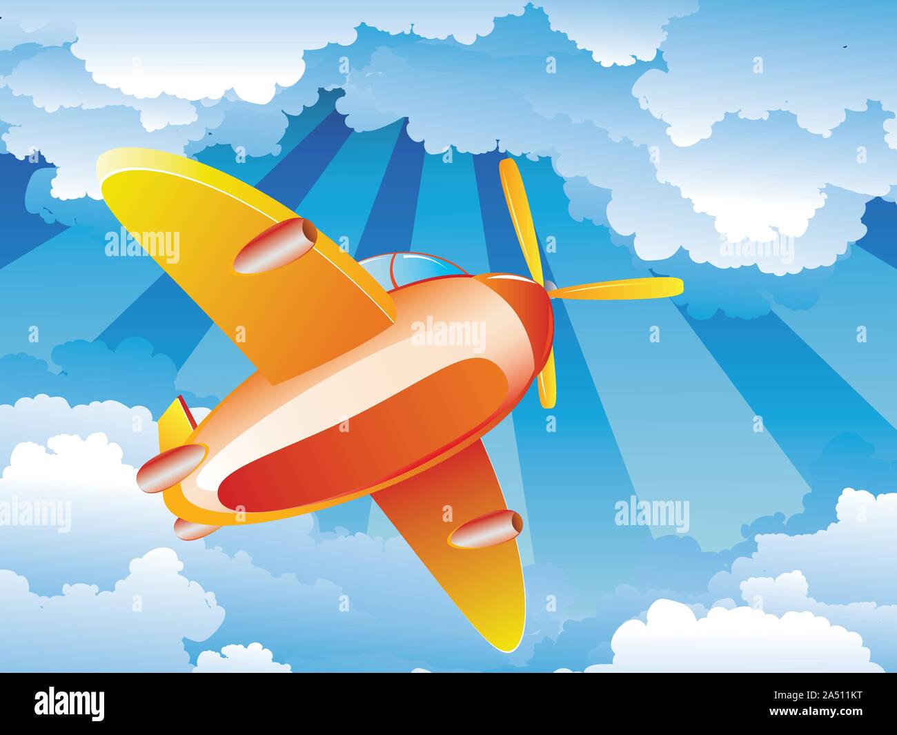 Cartoon airplane on a blue sky with clouds, travel background Stock ...