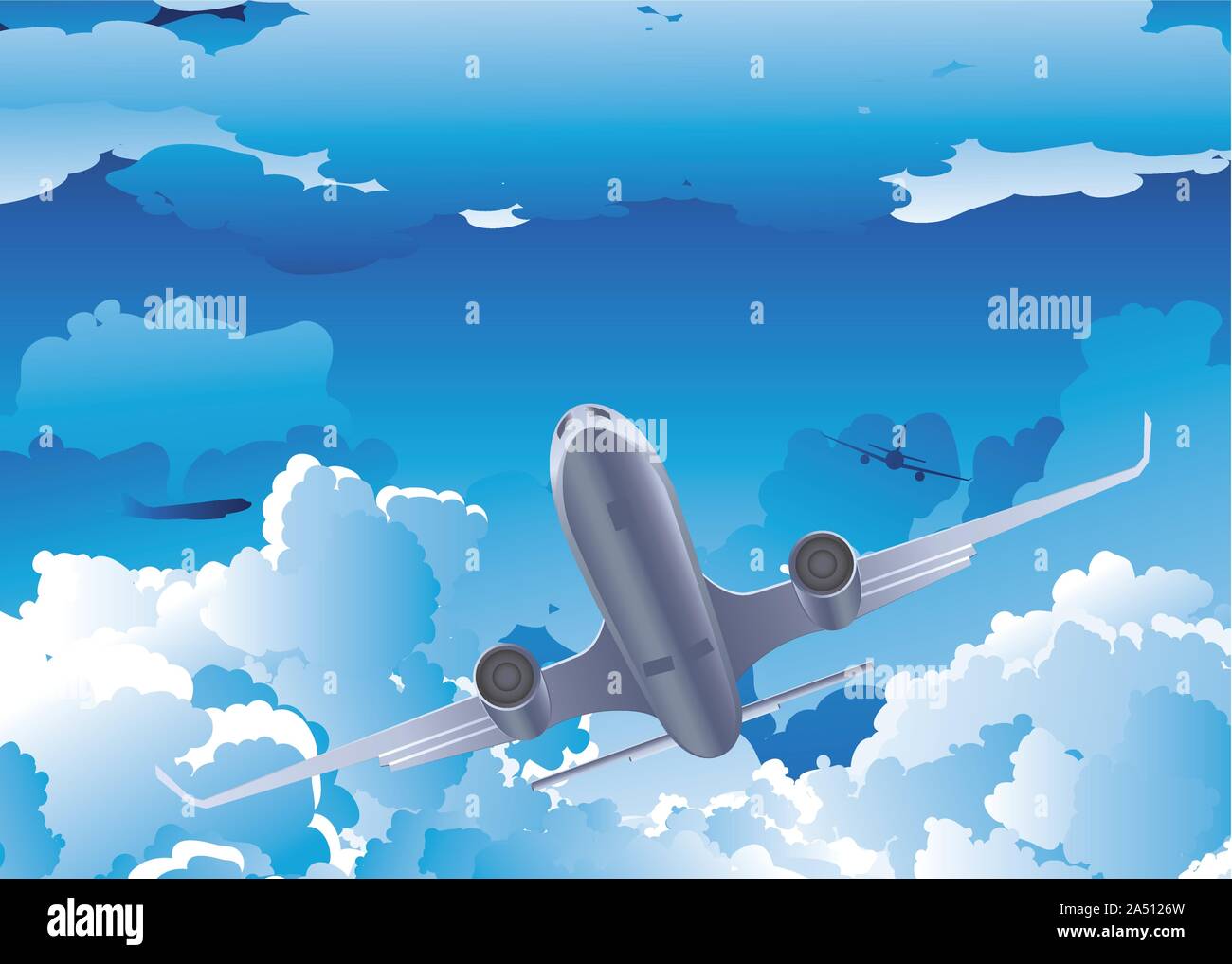 Cartoon airplane on a blue sky with clouds, travel background Stock ...