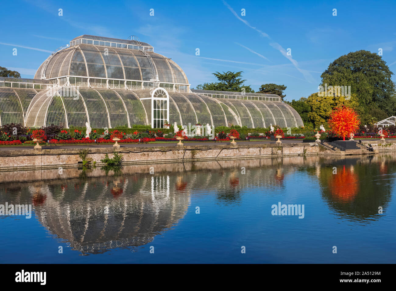England, London, Richmond, Kew Gardens, The Palm House Reflected in ...