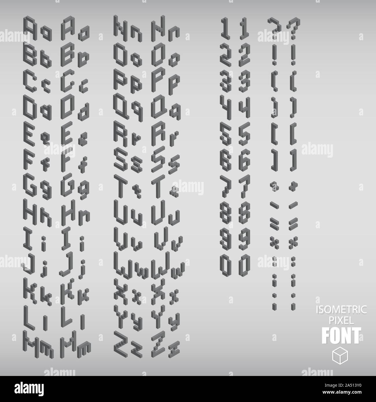 Set of isometric pixel alphabet and numbers gray color. Vector ...