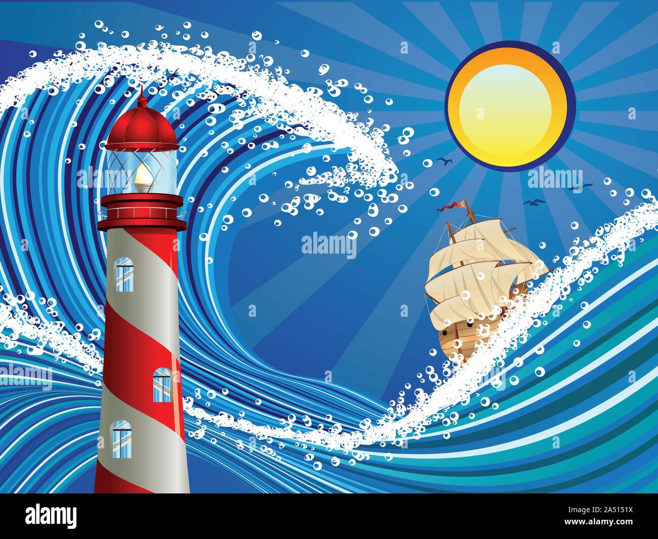 Sailboat and lighthouse in the blue stylized stormy sea Stock Vector ...