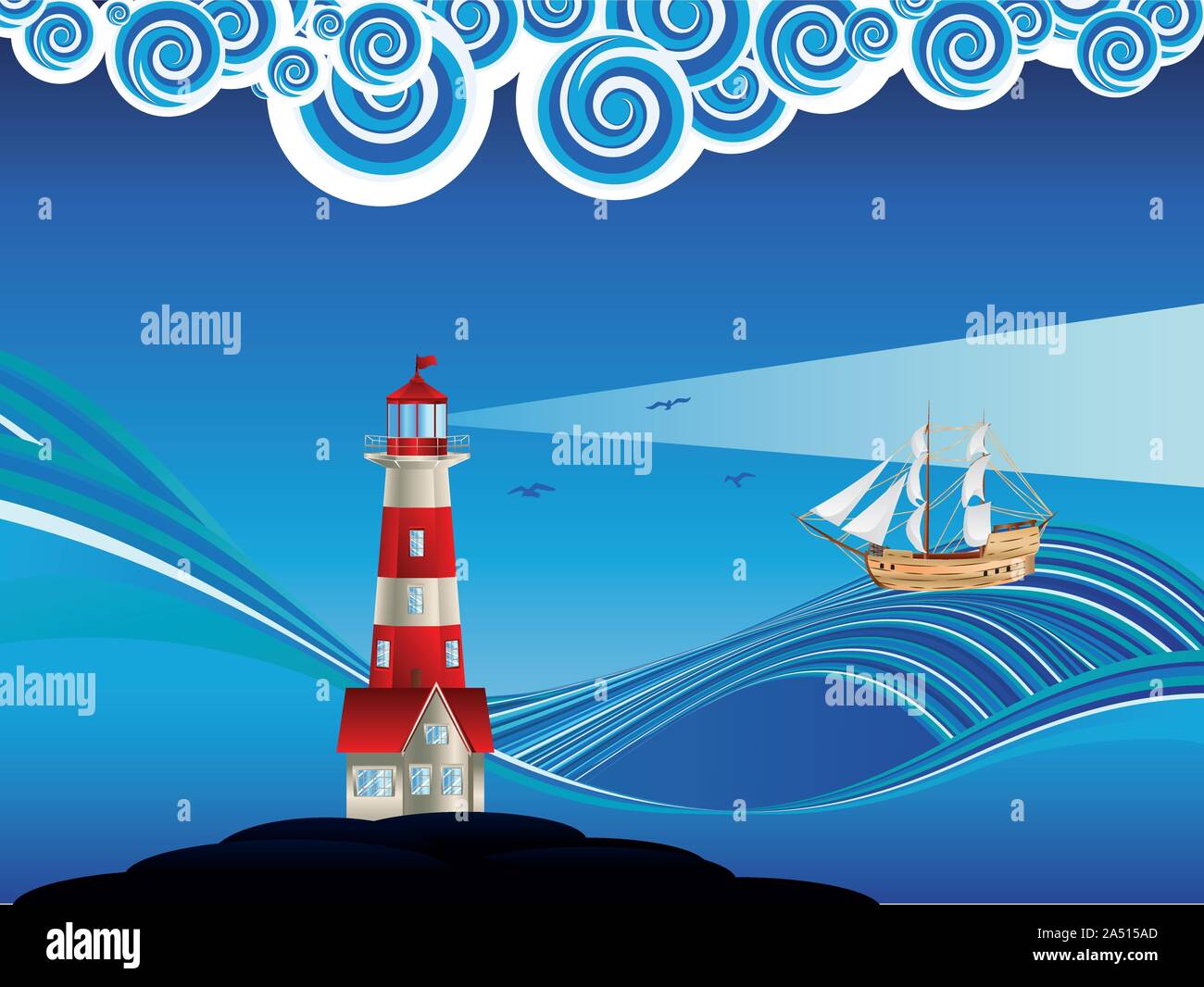 Sailboat and lighthouse in the blue stylized stormy sea Stock Vector ...