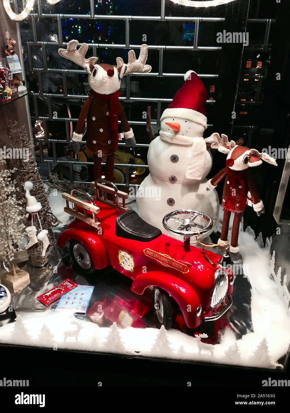 Budapest, Hungary - December 25, 2015: Closeup snowman and reindeer ...