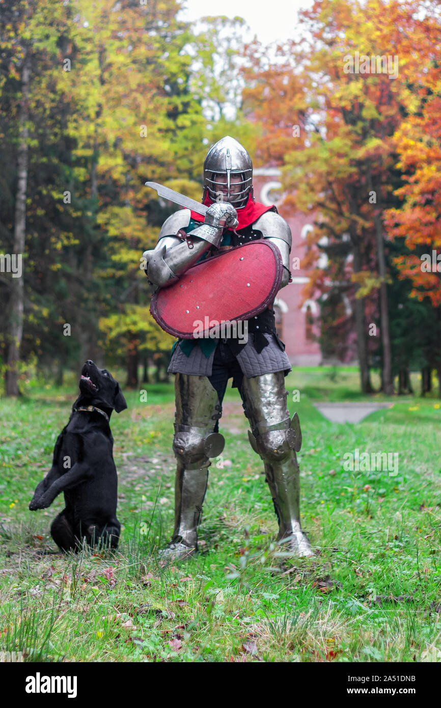 knight and dog black labrador standing guards a castle fortress ...