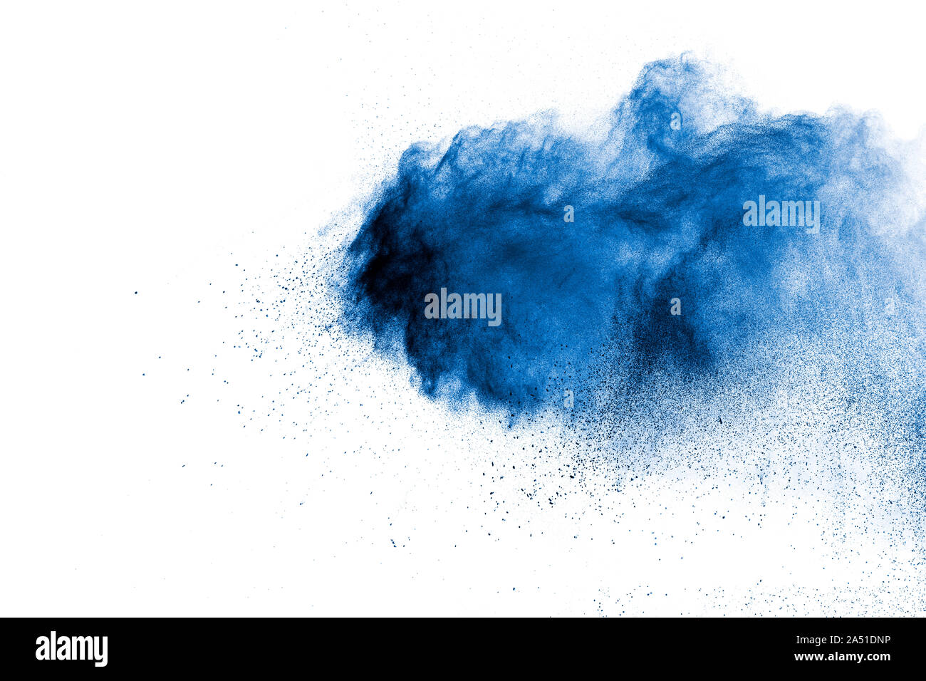 Blue color powder explosion cloud on white background.Closeup of Blue ...