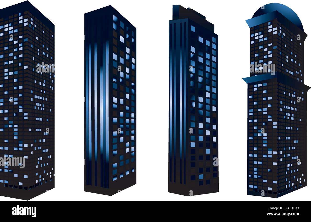 Collection of stylized buildings silhouettes with windows on white ...