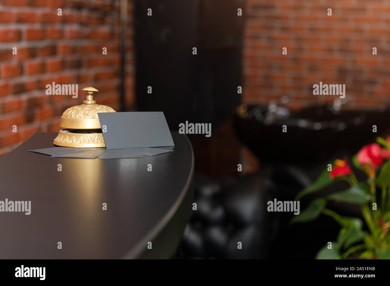 Hotel reception counter desk with service bell. Hotel Concierge call ...