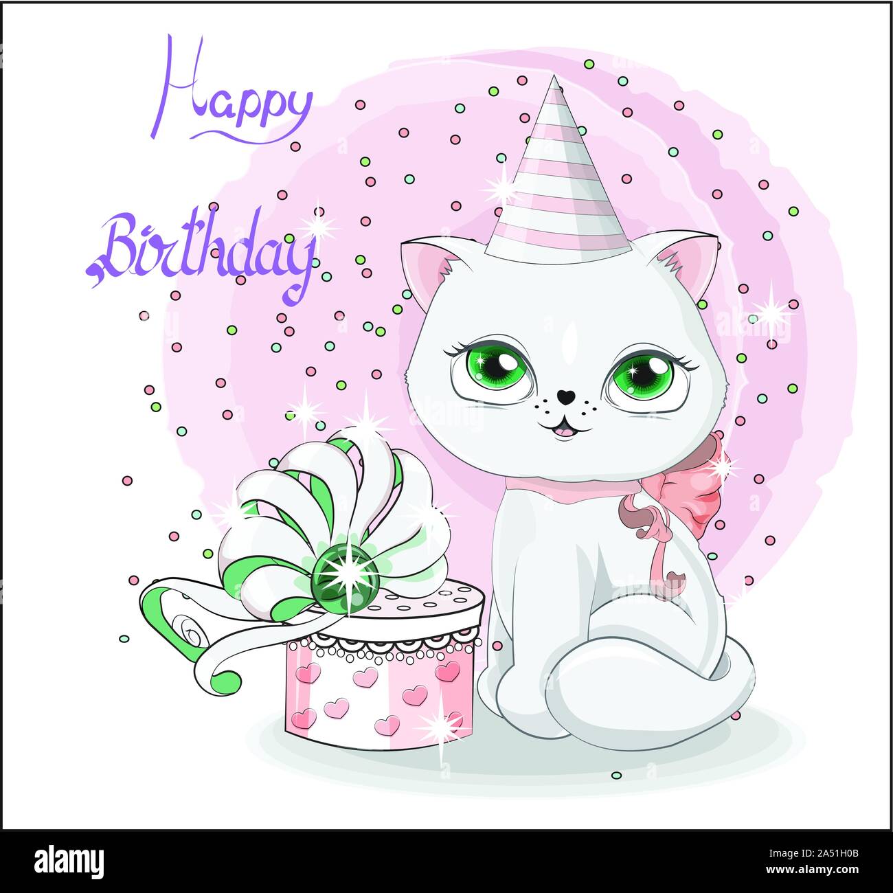 white cat in birthday hat, kitten with gift box, decorated with bow ...