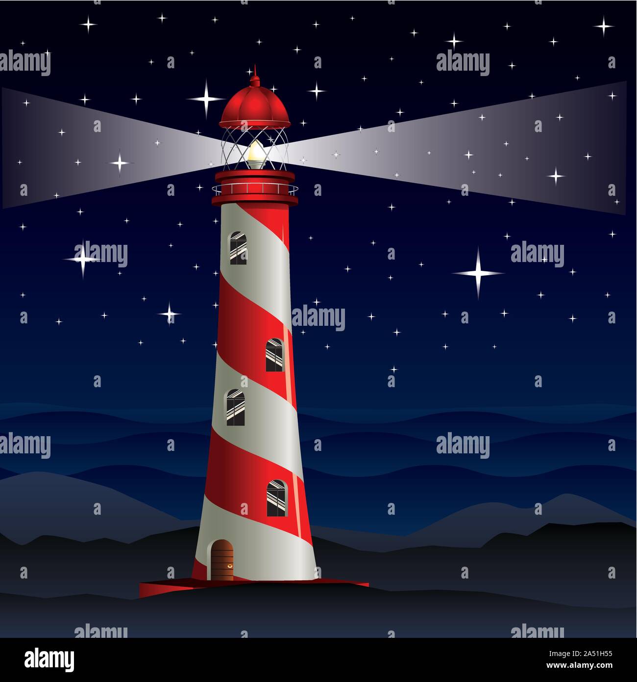 Cartoon landscape with lighthouse, night sea and starry sky Stock ...