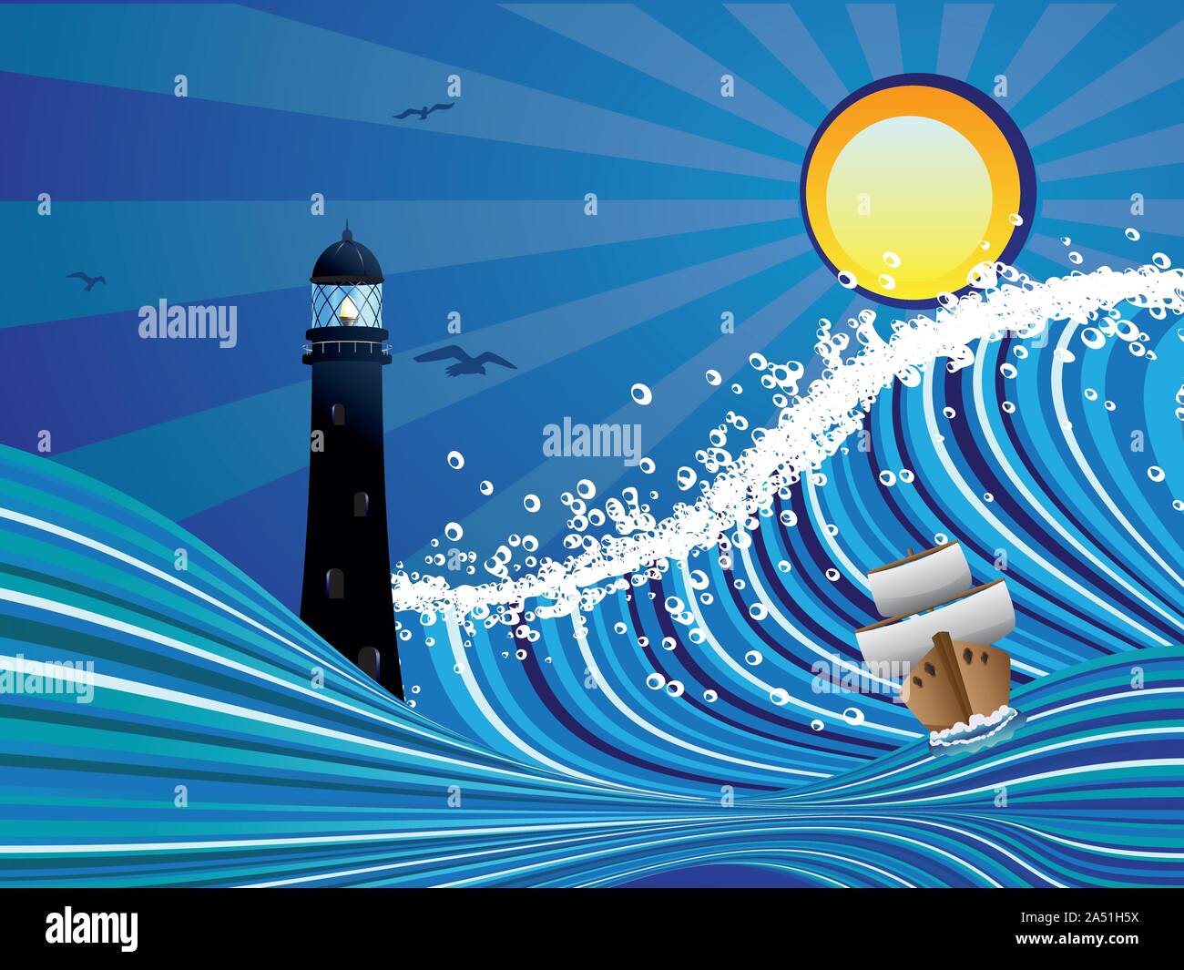 Sailboat and lighthouse in the blue stylized stormy sea Stock Vector ...