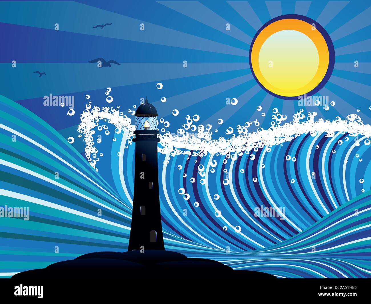 Blue stylized sea with big waves and lighthouse Stock Vector Image ...