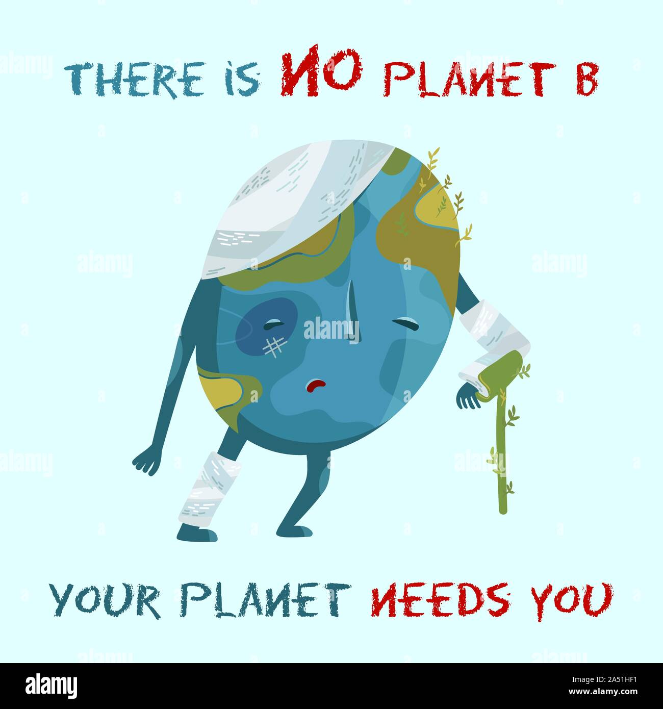 Sad planet Earth with bandage and walking stick. Vector conceptual ...