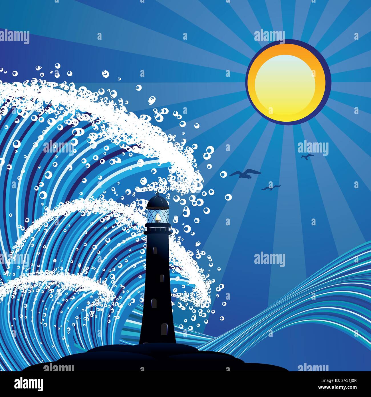 Blue stylized sea with big waves and lighthouse Stock Vector Image ...