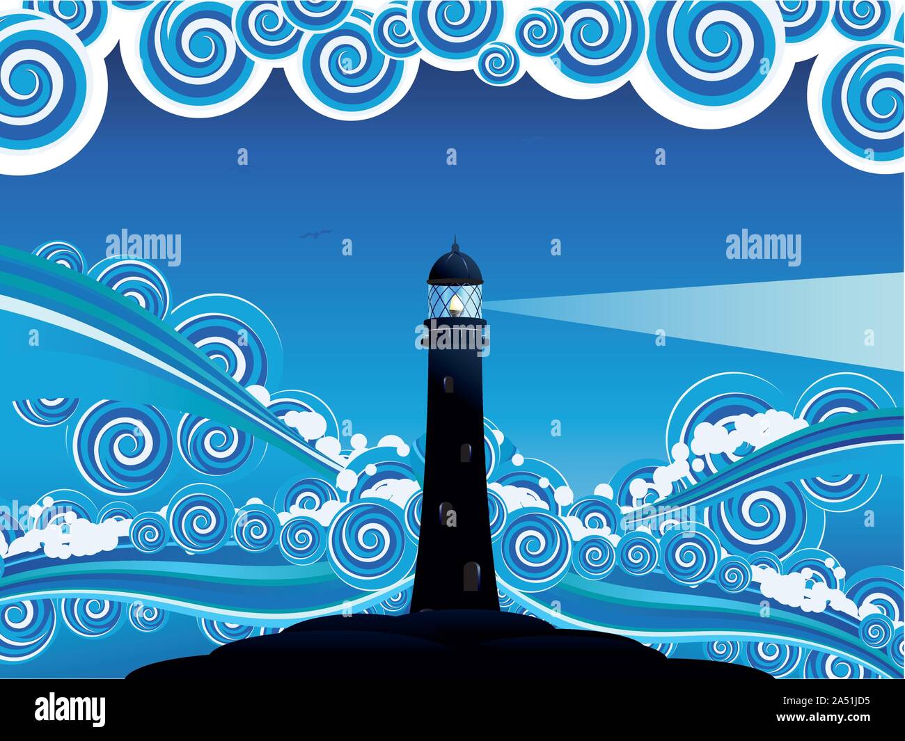Blue stylized sea with big waves and lighthouse Stock Vector Image ...