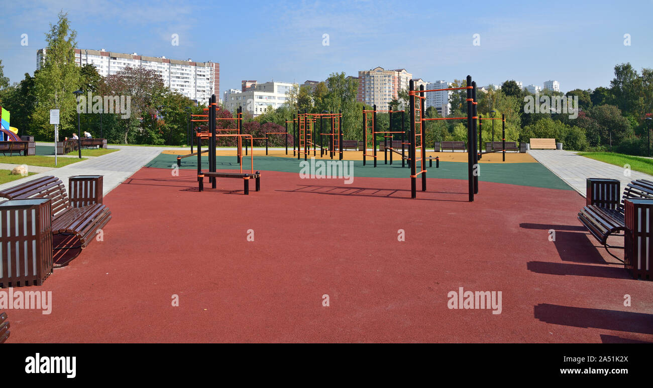 Sports complex with exercise machines on the street in Moscow, Russia ...