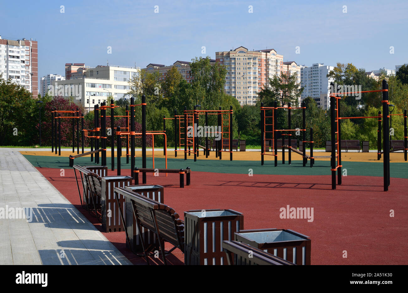 Sports complex with exercise machines on the street in Moscow, Russia ...