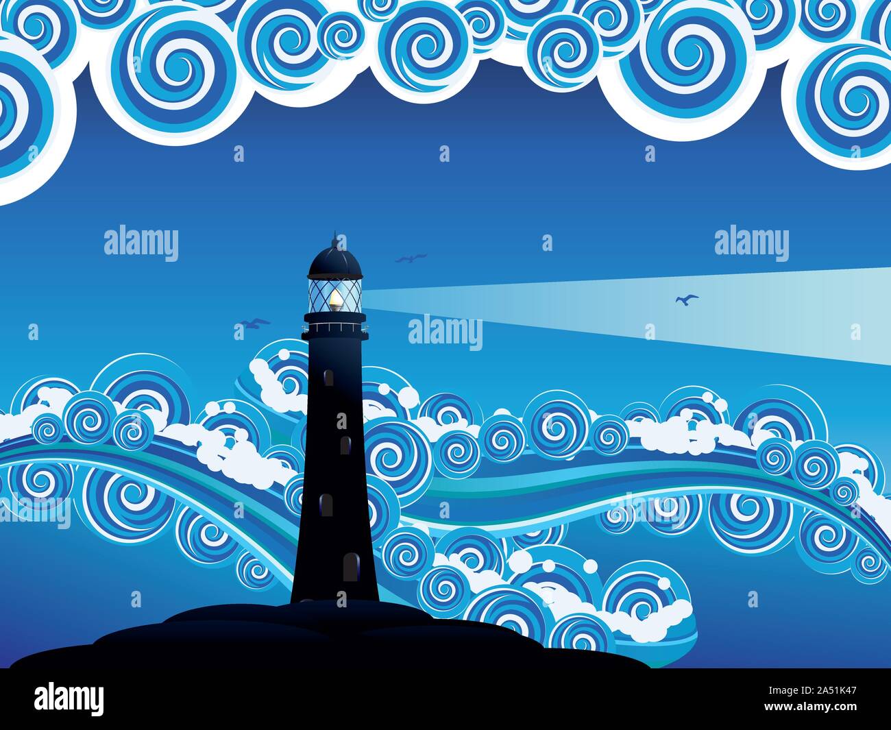 Blue stylized sea with big waves and lighthouse Stock Vector Image ...