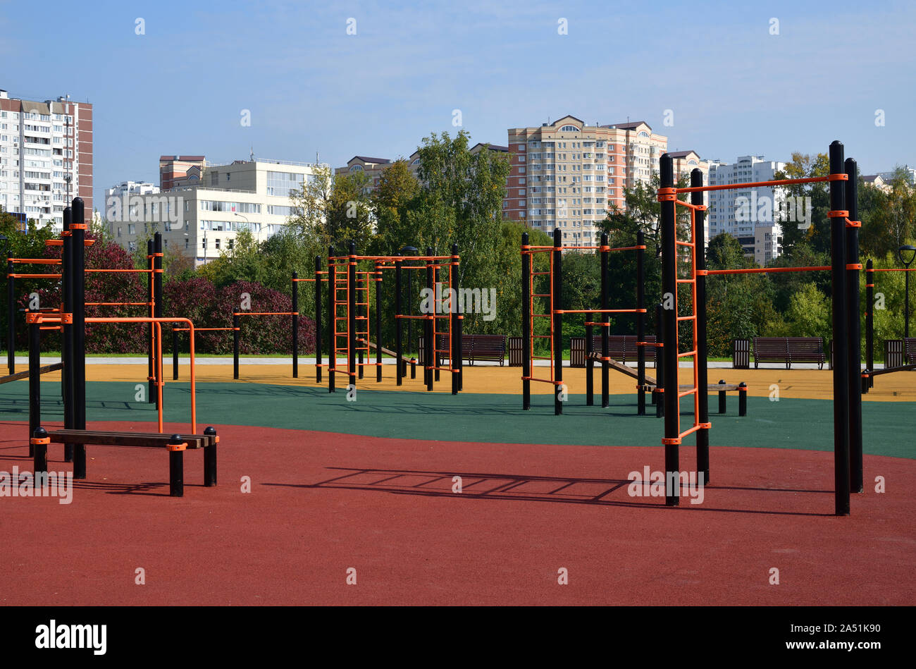 Sports complex with exercise machines on the street in Moscow, Russia ...