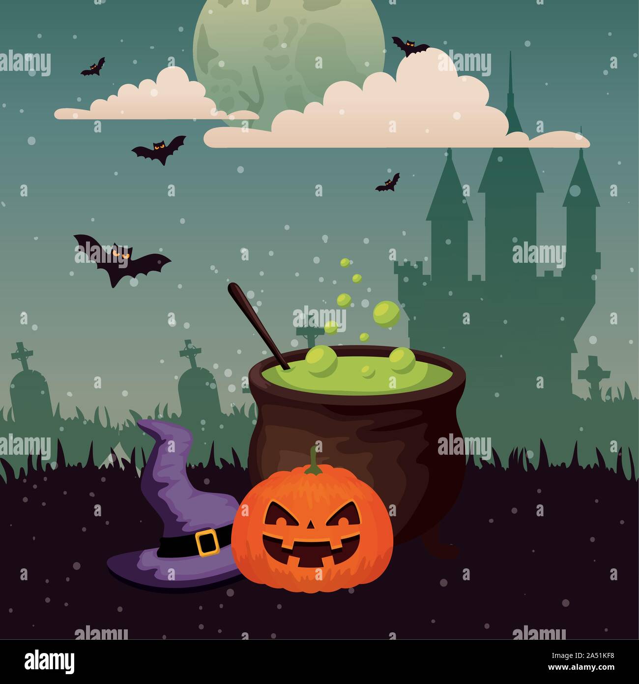 pumpkin with cauldron and icons in scene halloween Stock Vector Image ...