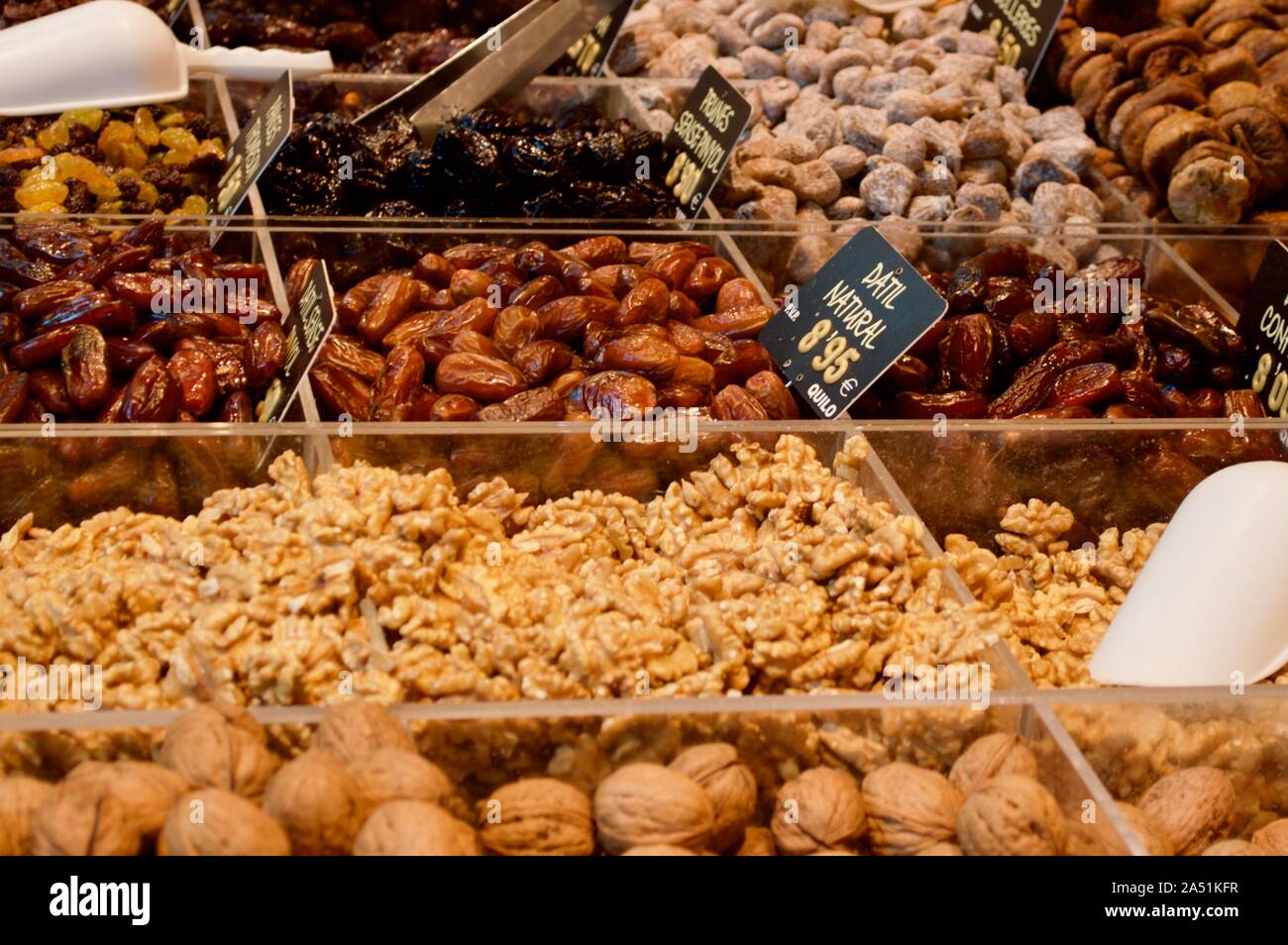 A selection of nuts at Sant Antoni Market in Barcelona, Spain Stock ...