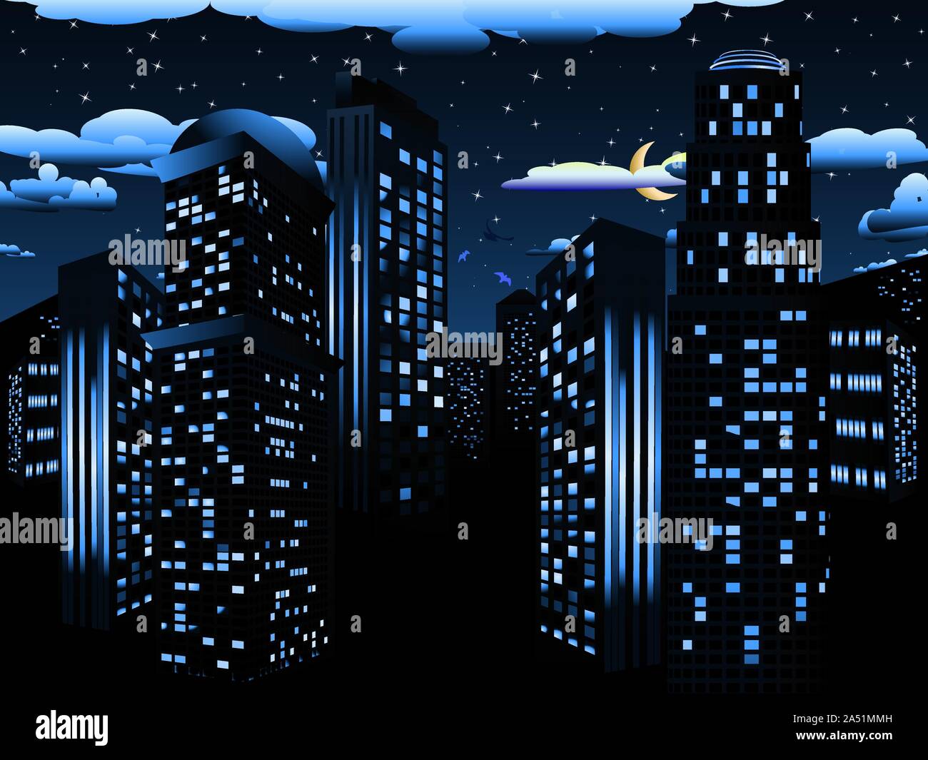 Urban background, skyscrapers in the night city illustration Stock ...