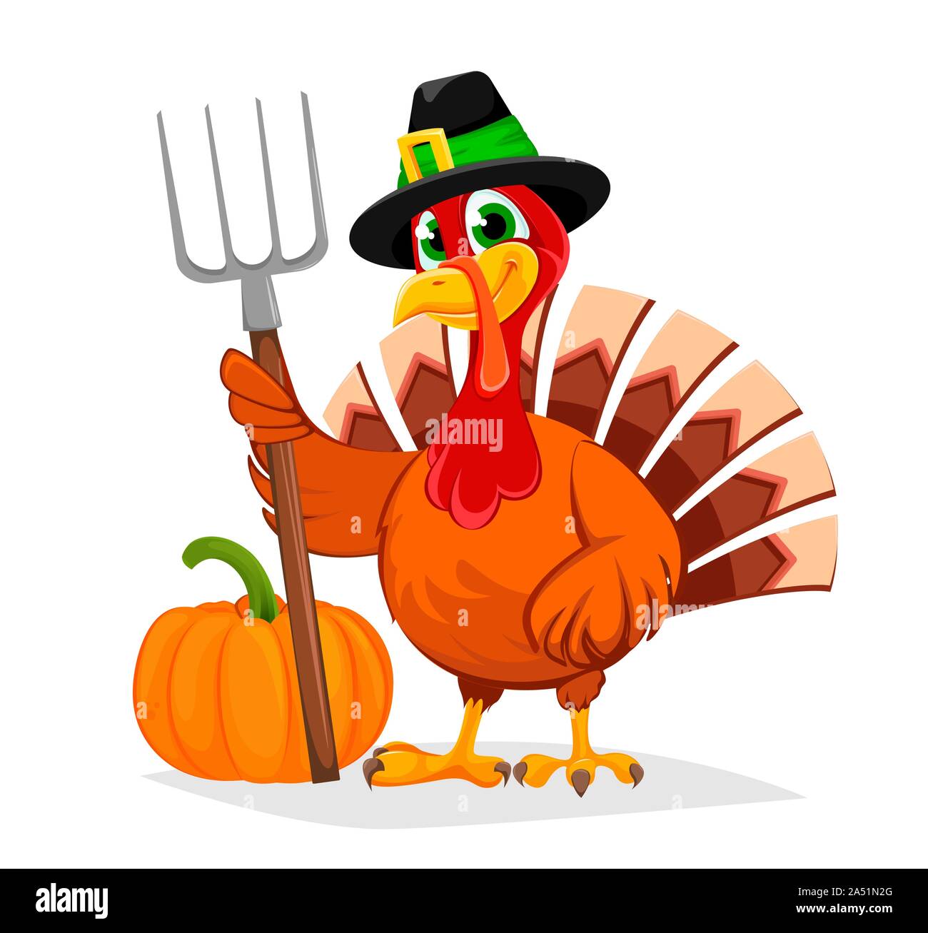 Happy Thanksgiving. Thanksgiving turkey holding pitchfork. Vector ...