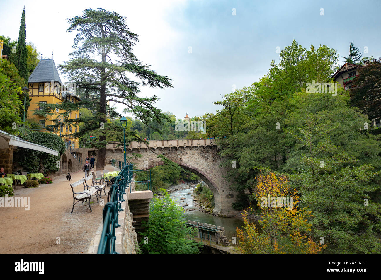 Steinerner Steg Footbridge across River Passer in Merano South Tirol in ...