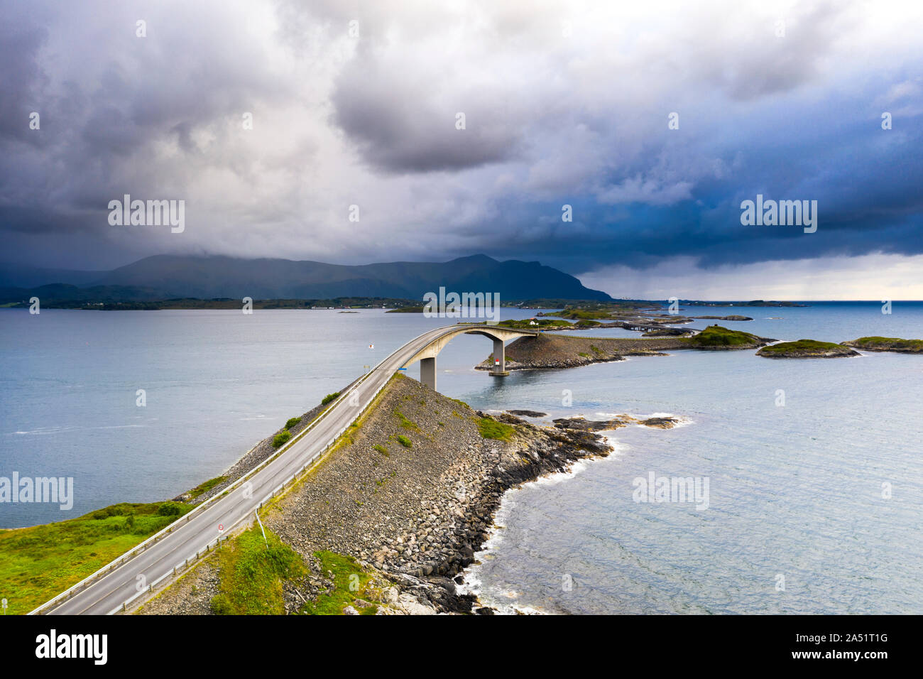 Aerial view of storm clouds over Storseisundet Bridge, Atlantic Road ...