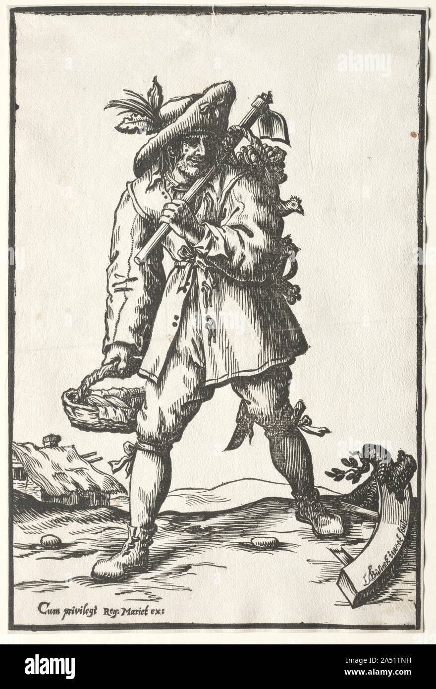 Peasant with Hoe, Basket and Hen Stock Photo - Alamy