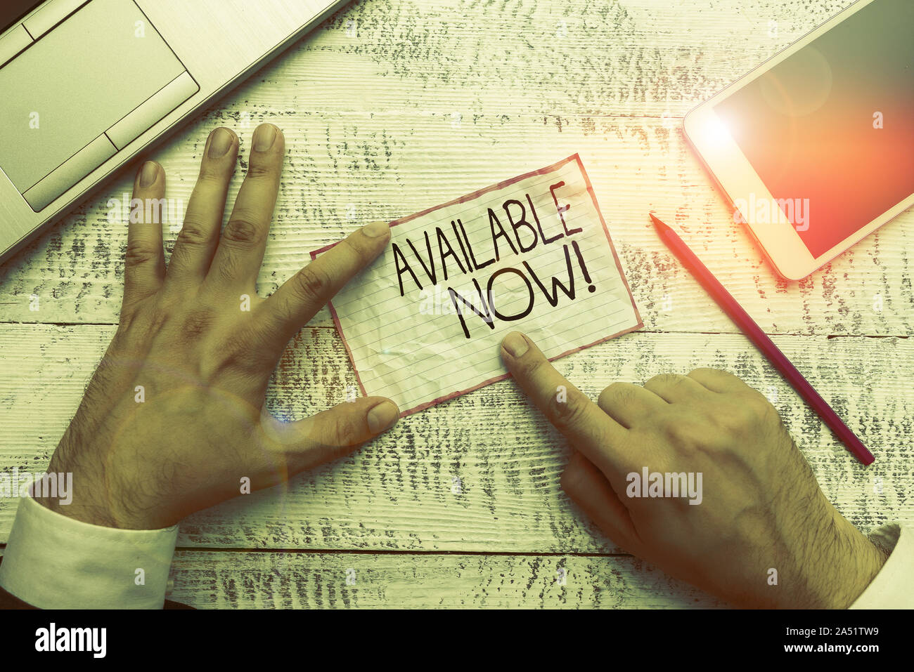 Conceptual hand writing showing Available Now. Concept meaning you can ...