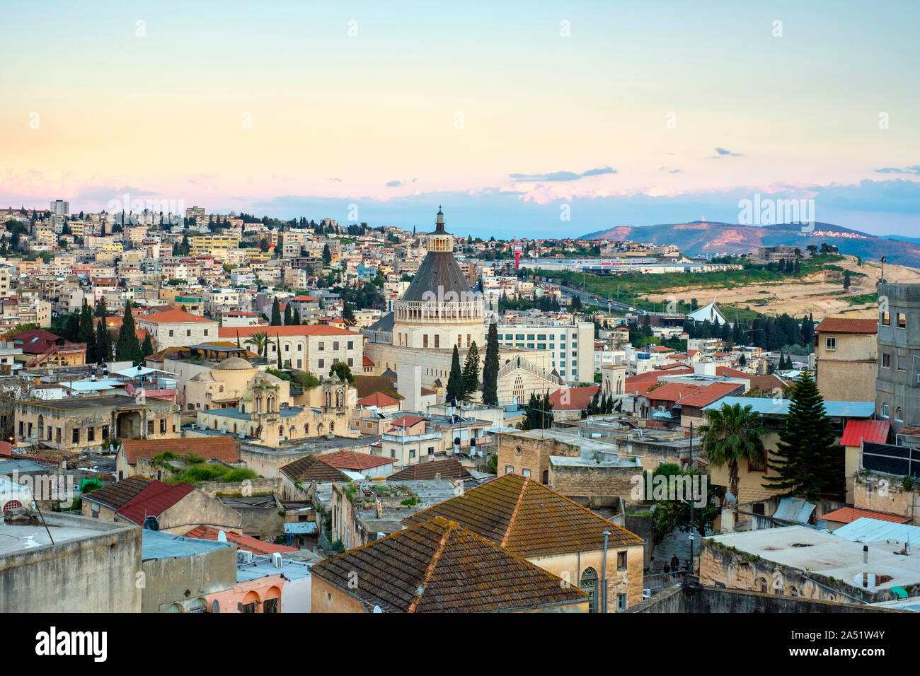 Basilica of the Annunciation at sunset, Nazareth, North District ...