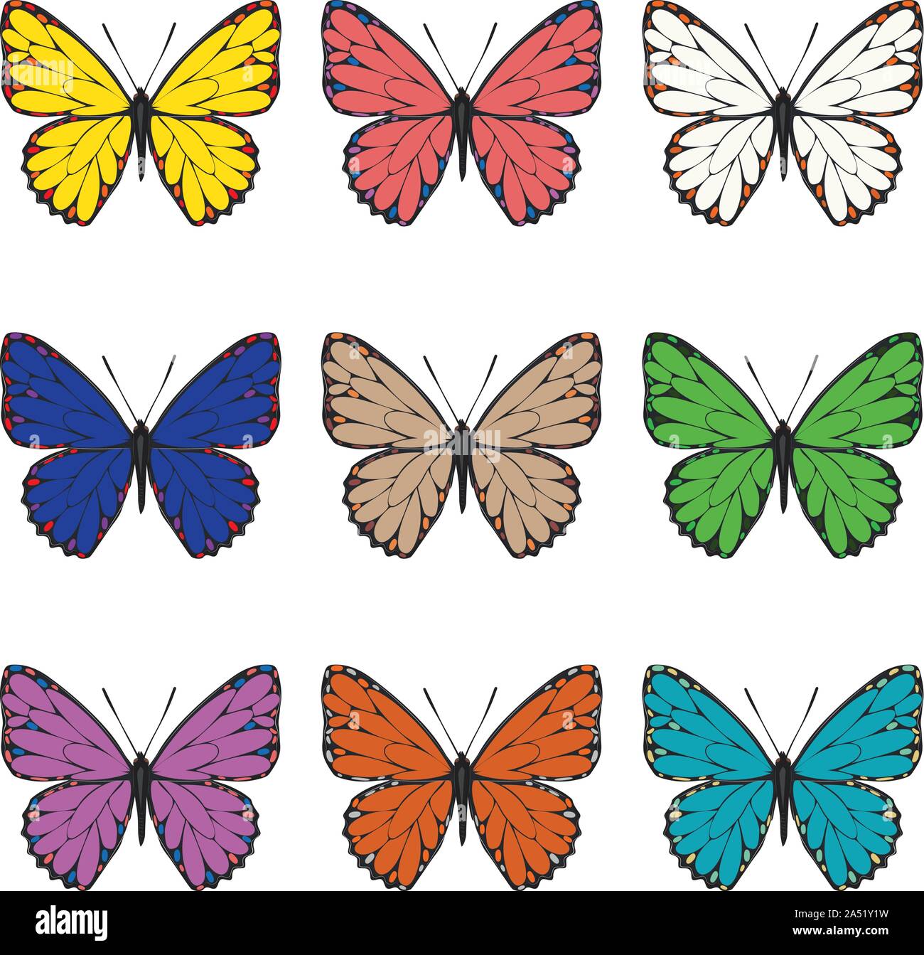 Collection of summer butterflies in different colors on white ...