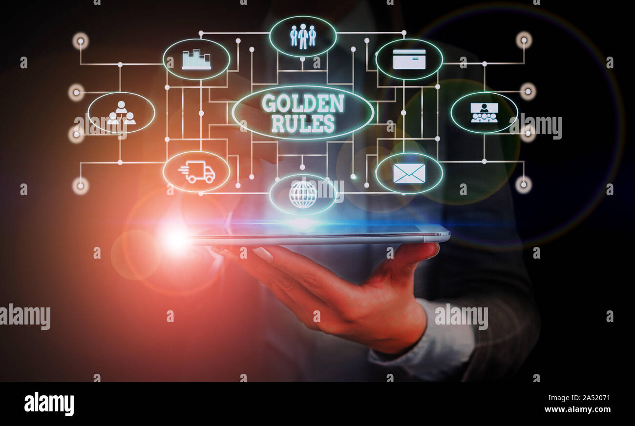 Conceptual hand writing showing Golden Rules. Concept meaning Basic principle that should be ...