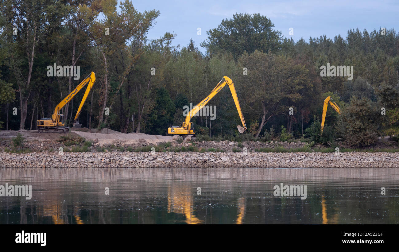 Nagybajcs, Hungary 09.18.2019 Komatsu excavators are working along the ...