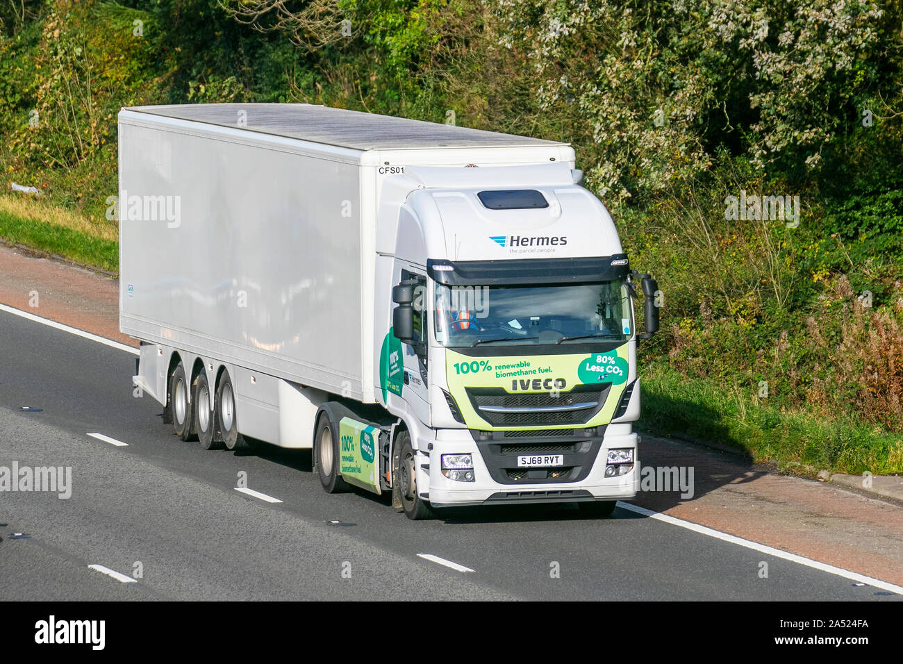 Hermes 100% renewable biomethane fuel 80% less CO2; Motorway heavy bulk ...