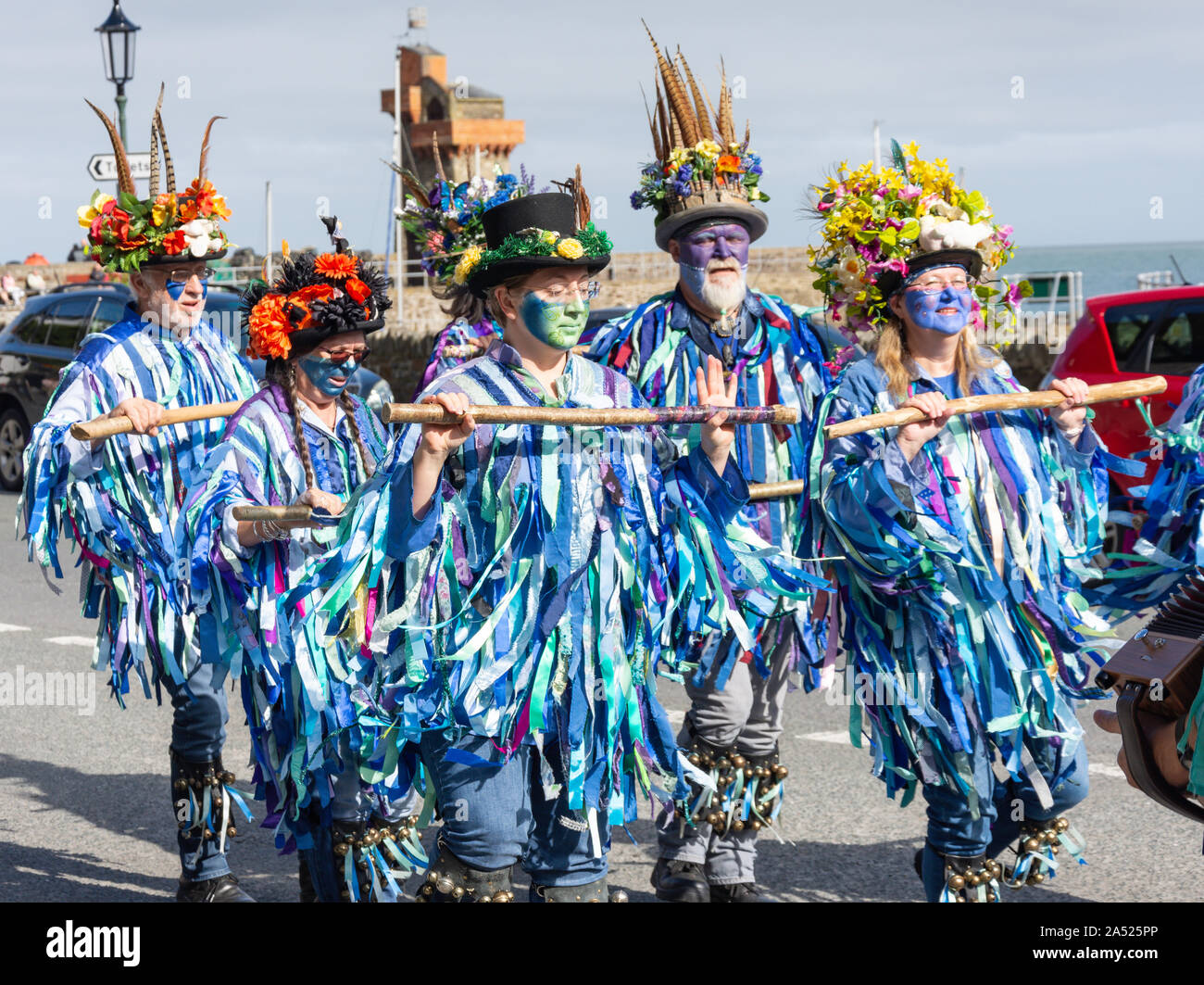'Border' Morris dancers performing on Harbourside, Lynmouth, Devon ...