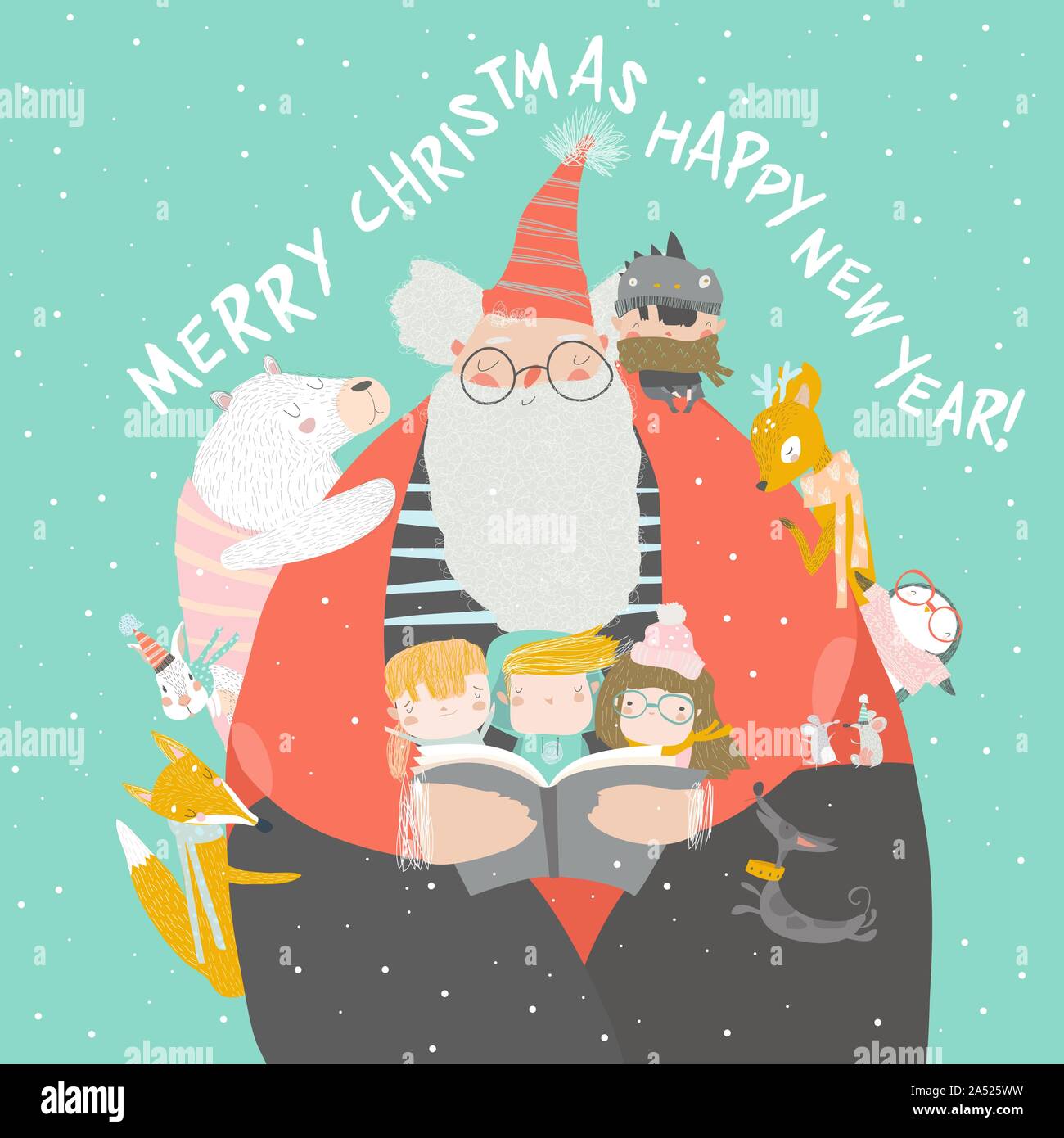 Santa Claus reading books with happy kids and animals Stock Vector ...