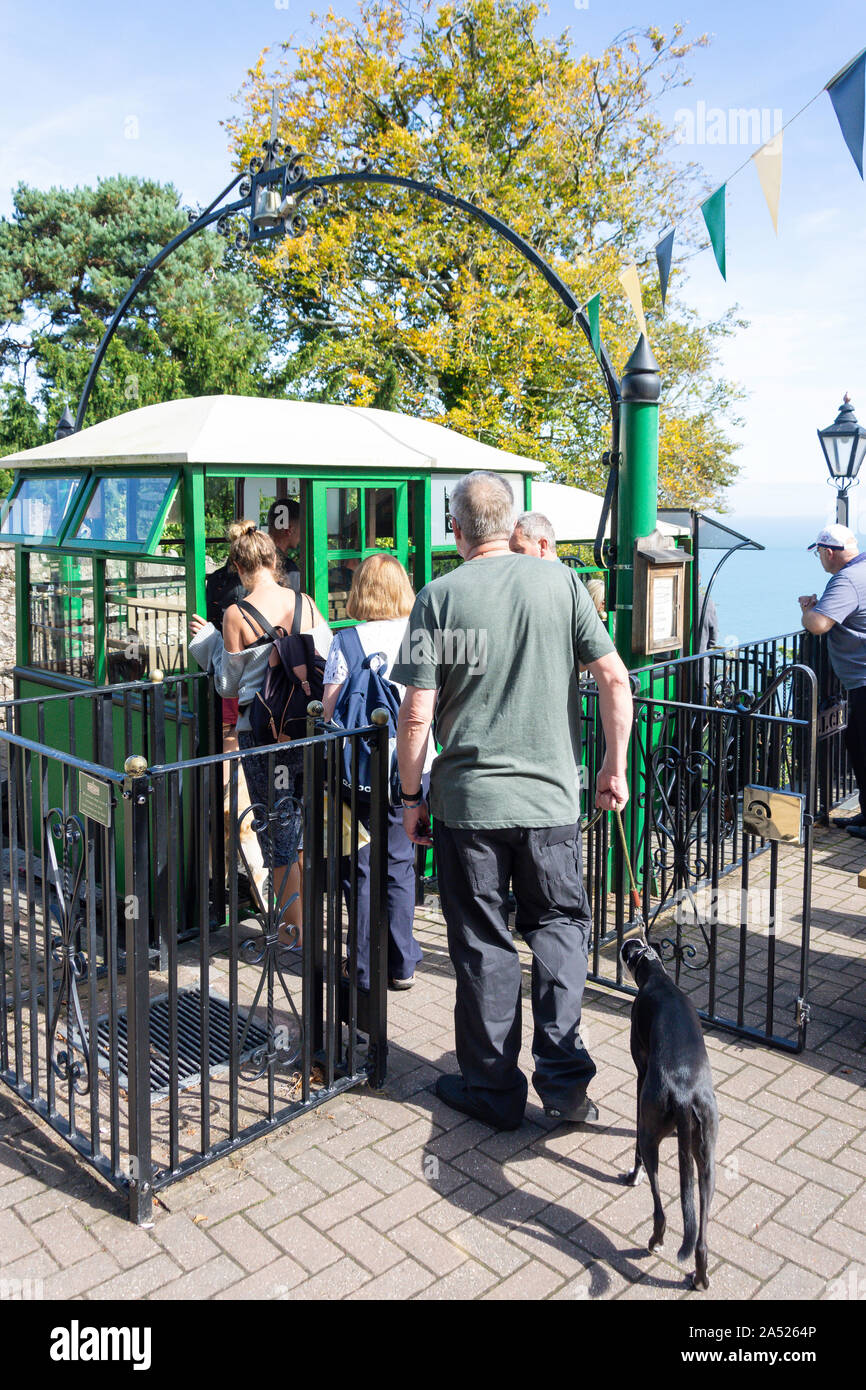 Passengers boarding Lynton & Lynmouth Cliff Railway at cliff top ...