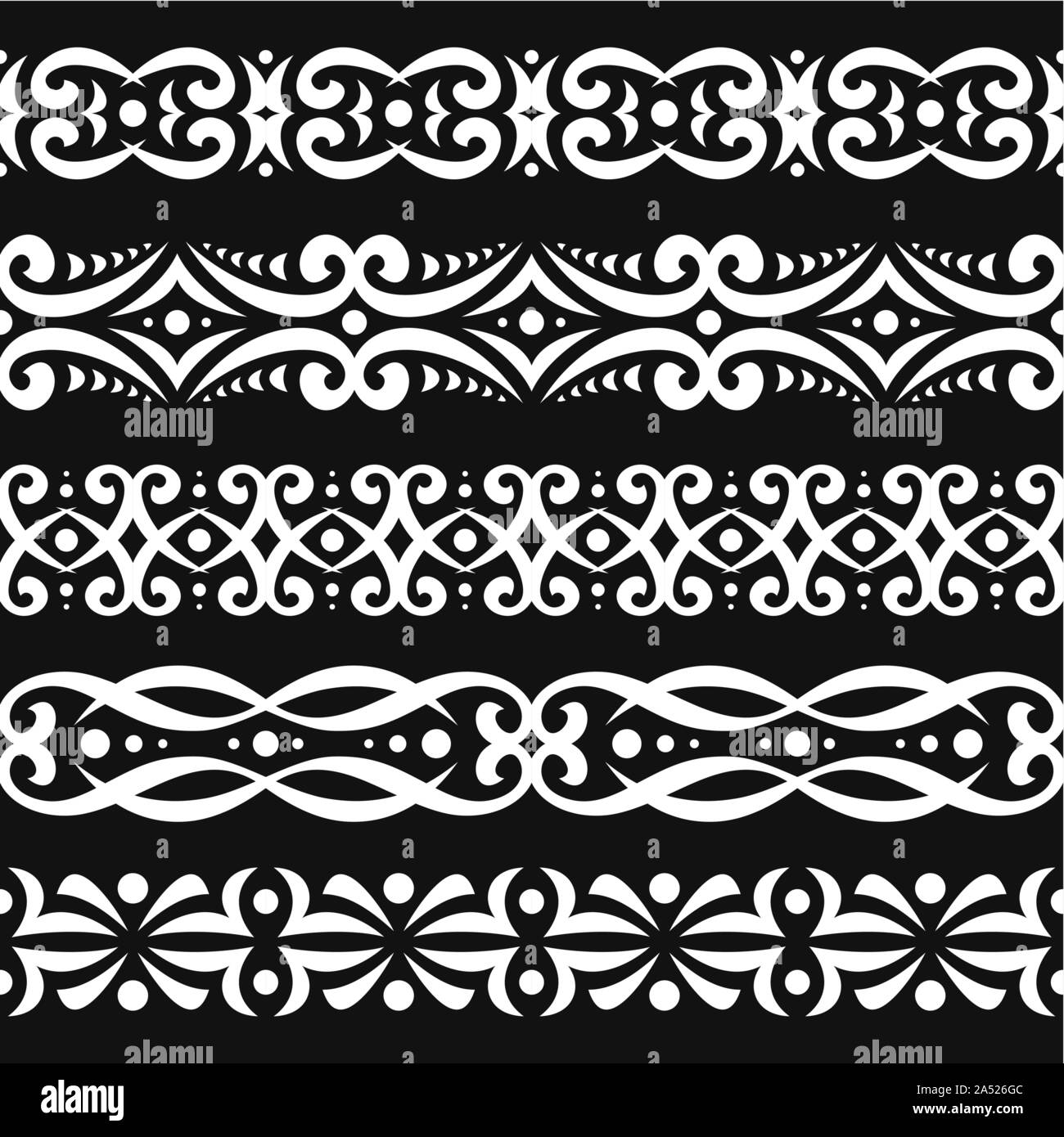 Vector set of white seamless borders, 5 decorative repeat ribbons of ...