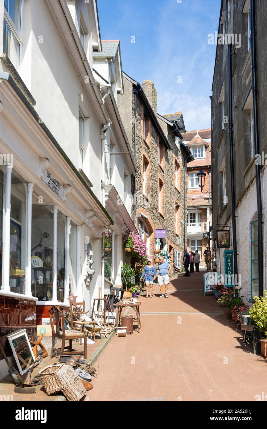 Antique shop in pedestrianised Queen Street, Lynton, Devon, England ...