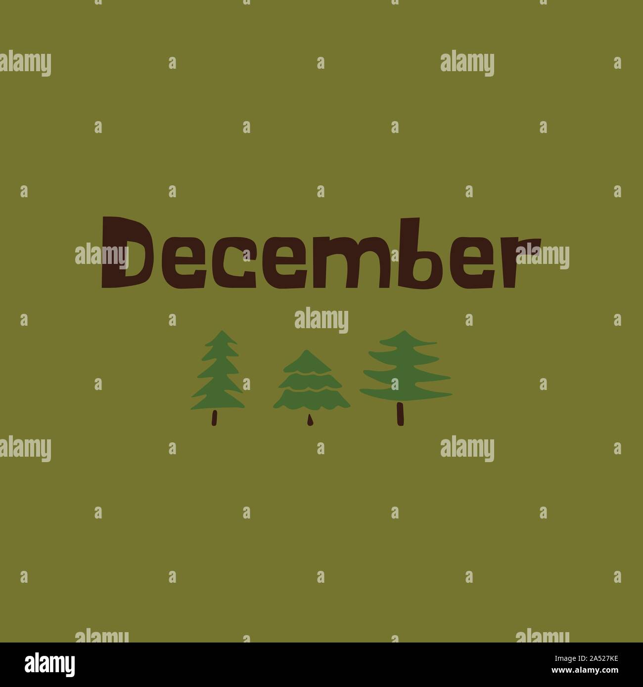 Three Christmas trees with the inscription December on a dark green ...