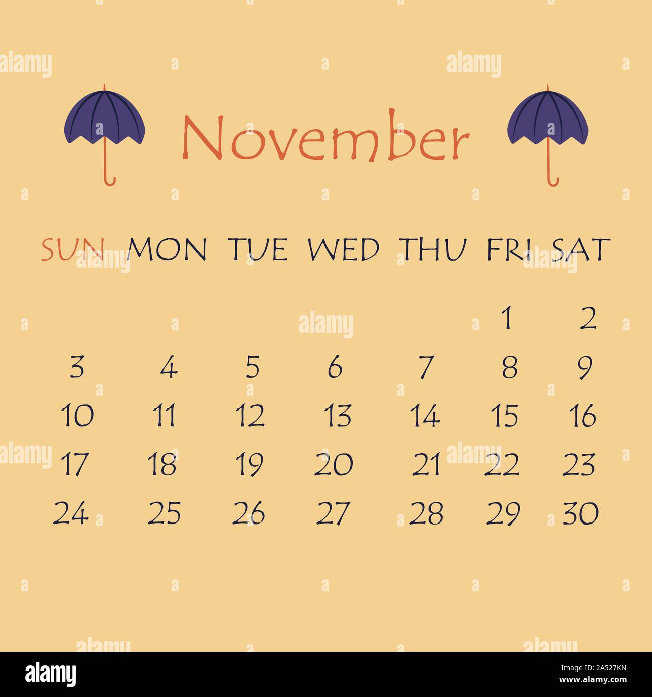 Calendar for November 2019. Beige background with a decor in the form ...